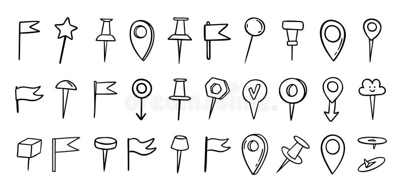 Pins Hand Drawn Doodle Set. Pin Line Drawing Style for Planner or Map ...