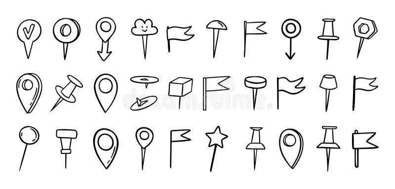 Pins Hand Drawn Doodle Set. Pin Line Drawing Style for Planner or Map ...