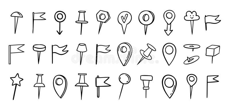 Pins Hand Drawn Doodle Set. Pin Line Drawing Style for Planner or Map ...