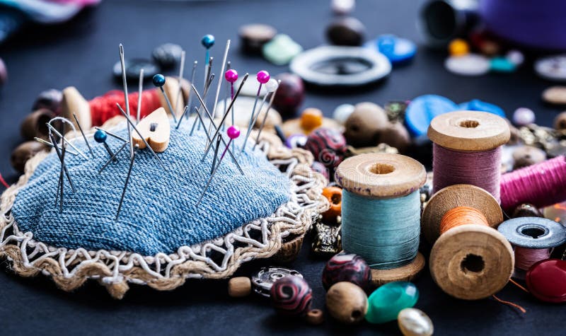 Pins, Retro Threads and Beads Stock Image - Image of glass, sewing ...