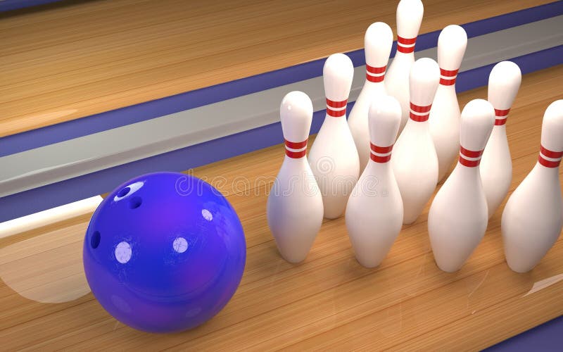 Pins Stand on a Bowling Lane with a Bowling Ball. 3D Render Stock ...