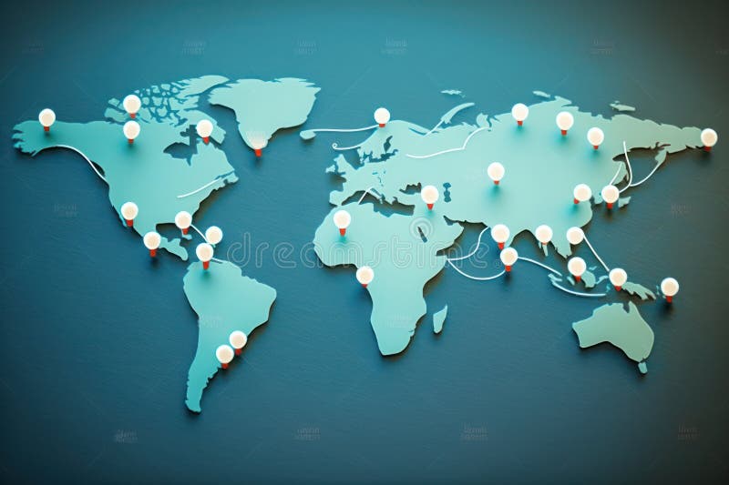 Pins on a World Map with Flights Connexions Stock Illustration ...