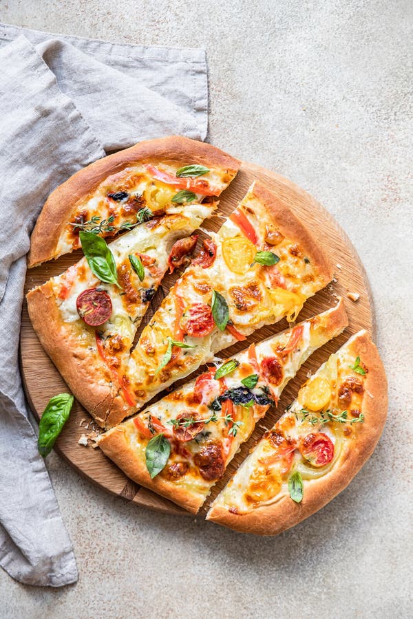 Pinsa with Vegetables and Cheese, Concrete Background. Traditional Rome ...