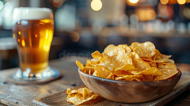 A Pint of Beer with Chips on a Bar Table. Stock Photo - Image of hops ...