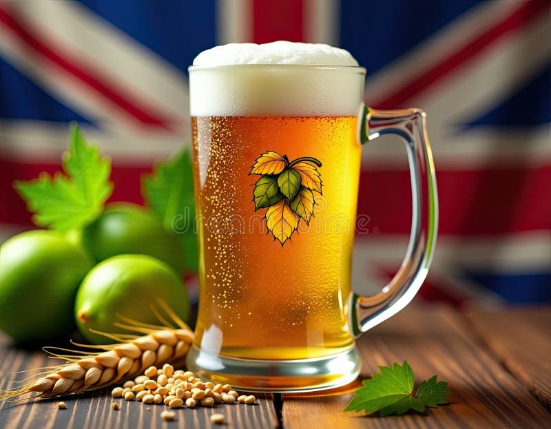 Pint of British Ale with Hops and Barley - UK Flag Background Stock ...