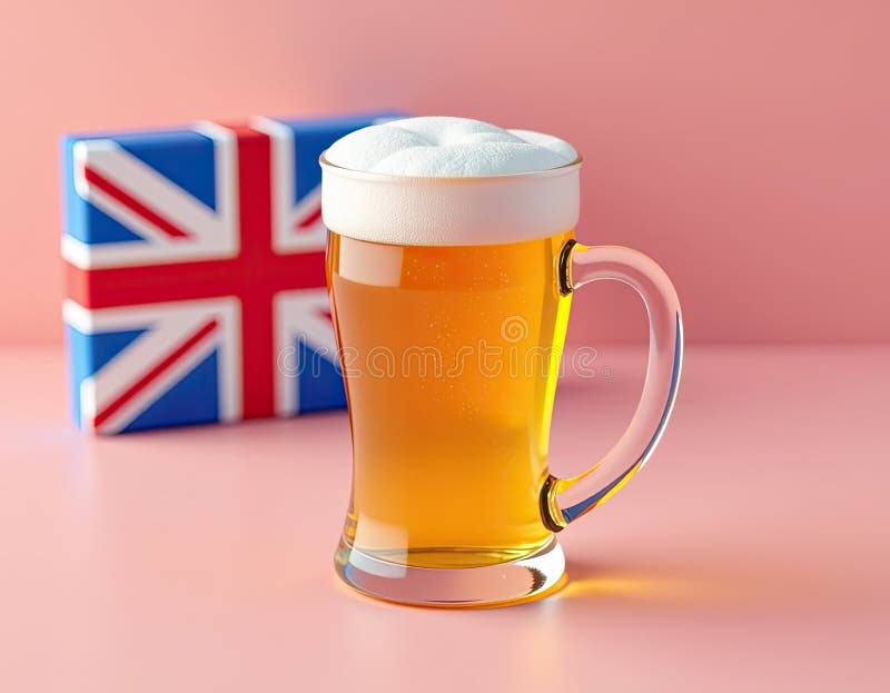 Pint of British Beer with Union Jack Gift Box on Pink Background Stock ...