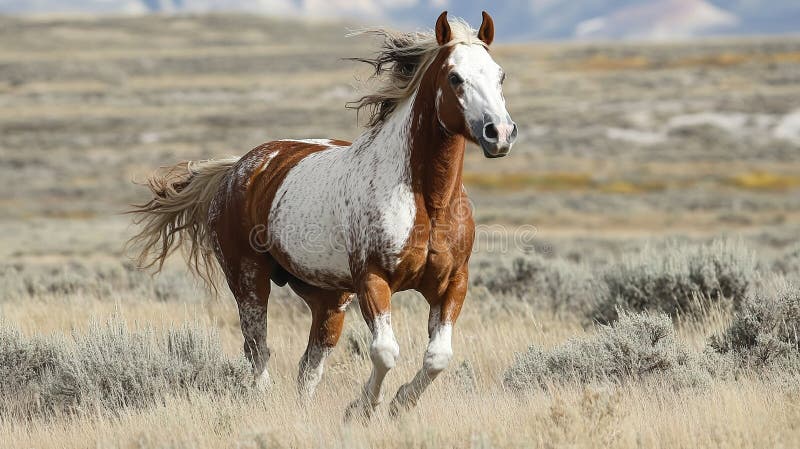 Pinto Horse Running in a Dry, Grassy Field Stock Photo - Image of pinto ...