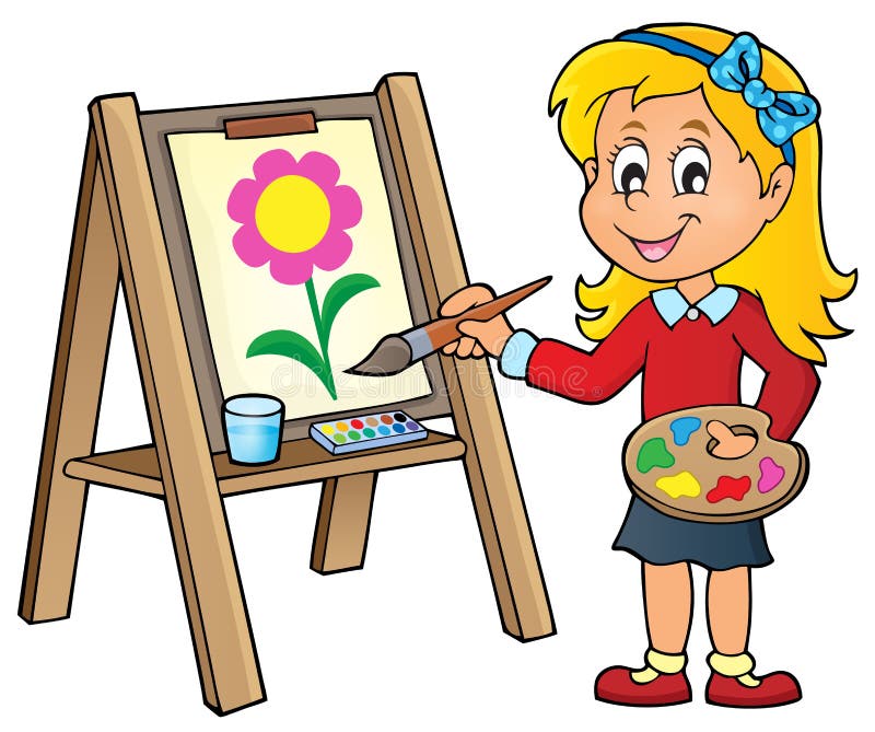 A Menina Está Pintando Um Desenho Na Armação Com Paleta Da Pintura E A ...