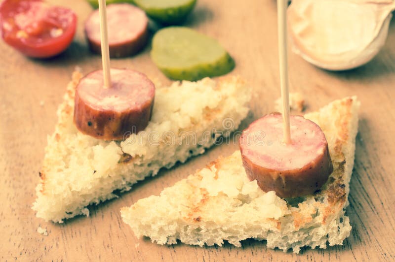 Pintxos Snacks with Smoked Sausage Stock Photo - Image of appetizer ...