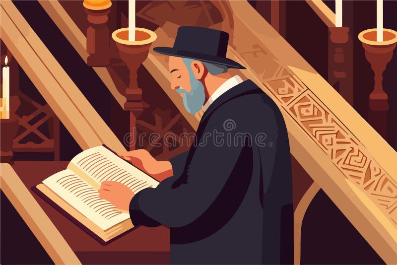 Pious Prays in Synagogue, Reading Torah, Vector Illustration, Religion ...