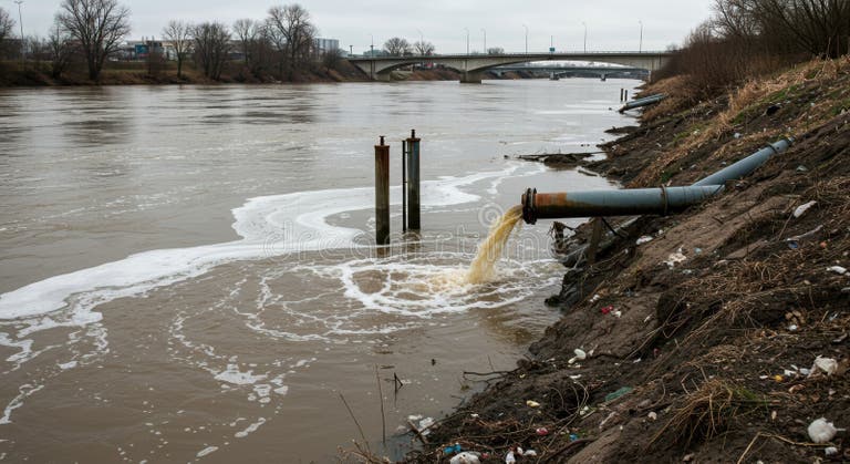 Pipe Discharges Dirty Waste Causing River Pollution. Visible Water ...