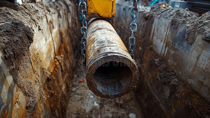 Pipe Installation in a Construction Trench with Machinery. Stock Photo ...