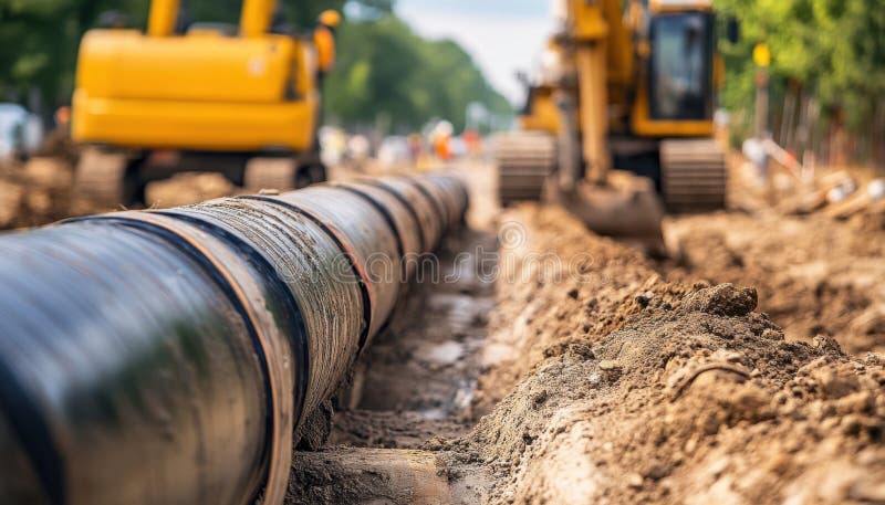 Pipe Installation Process in an Urban Construction Site during Daylight ...