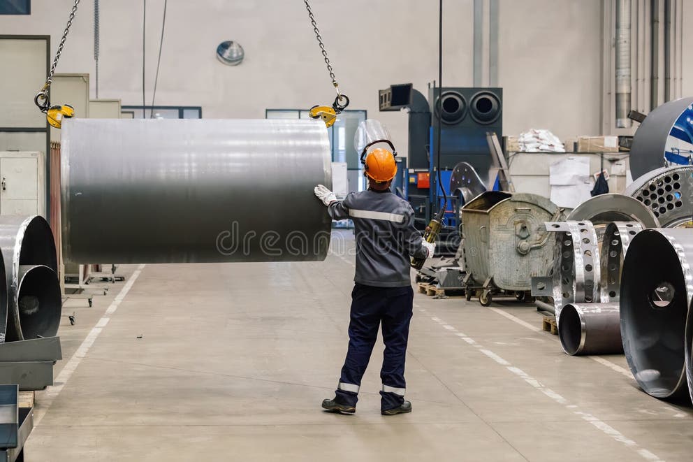 Pipe on Overhead Crane. Worker with Remote Control Stock Photo - Image ...