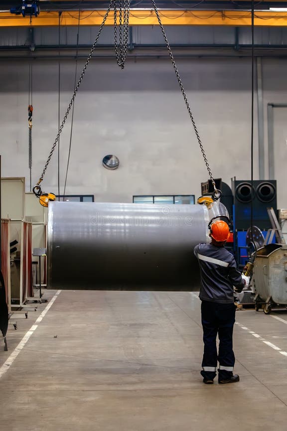Pipe on Overhead Crane. Worker with Remote Control Stock Image - Image ...