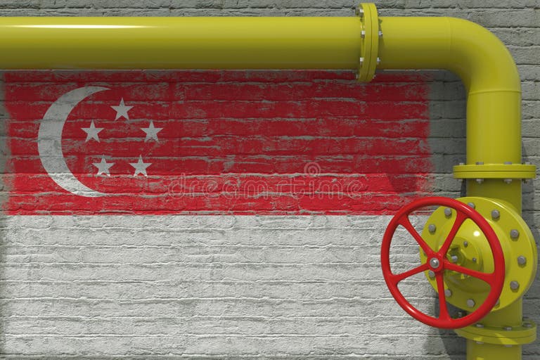 Pipe with Valve and Flag of Singapore. 3d Rendering Stock Illustration ...