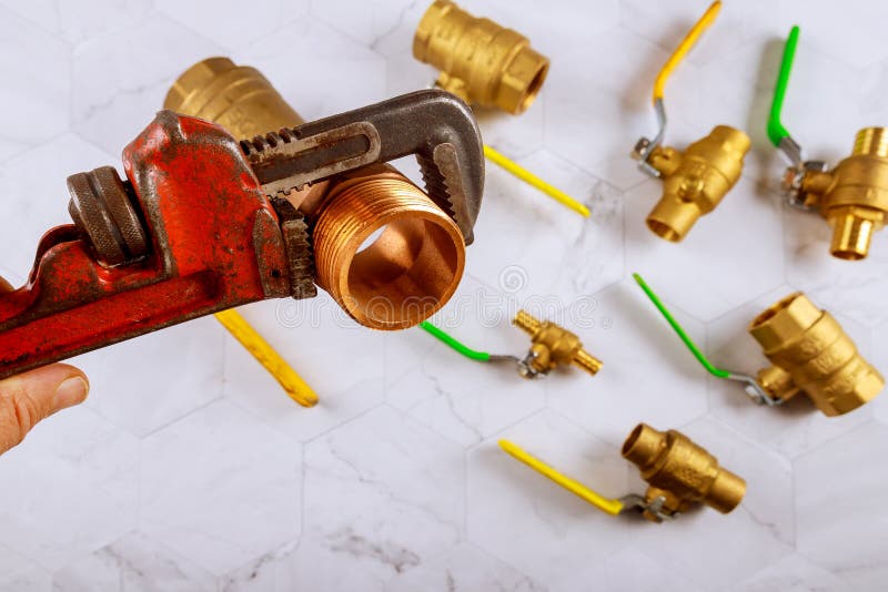Pipe Wrench Brass Plumbing Fittings, Heavy Instruments Stock Photo ...