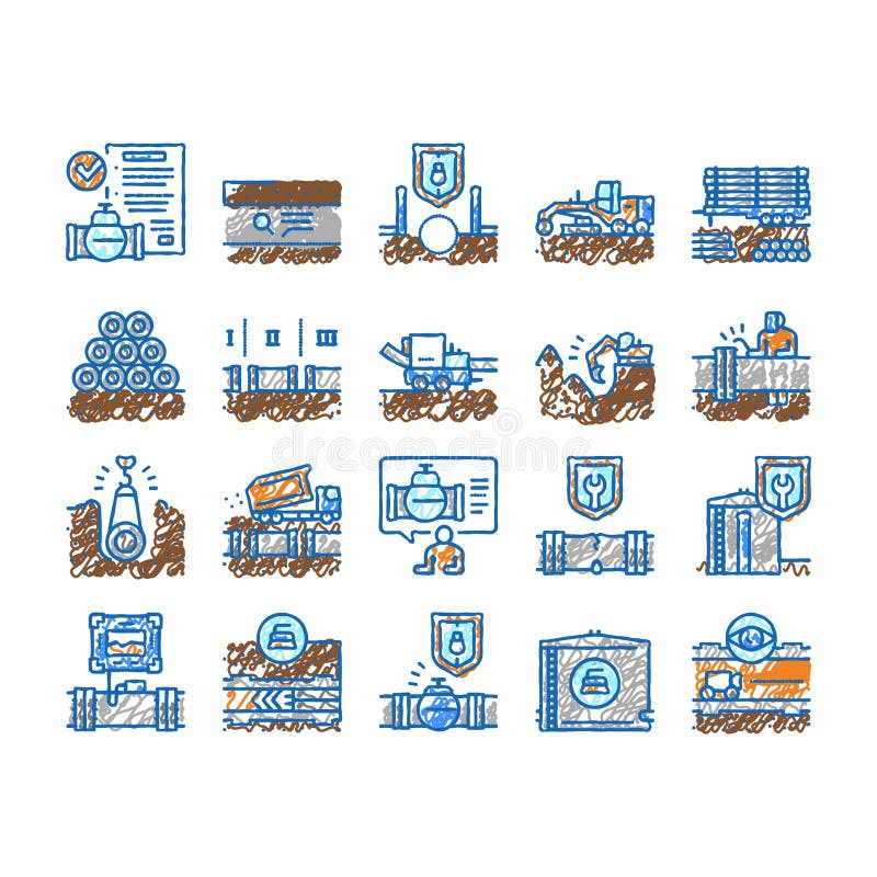 Pipeline Construction Set Icons Hand Drawn Stock Illustration ...