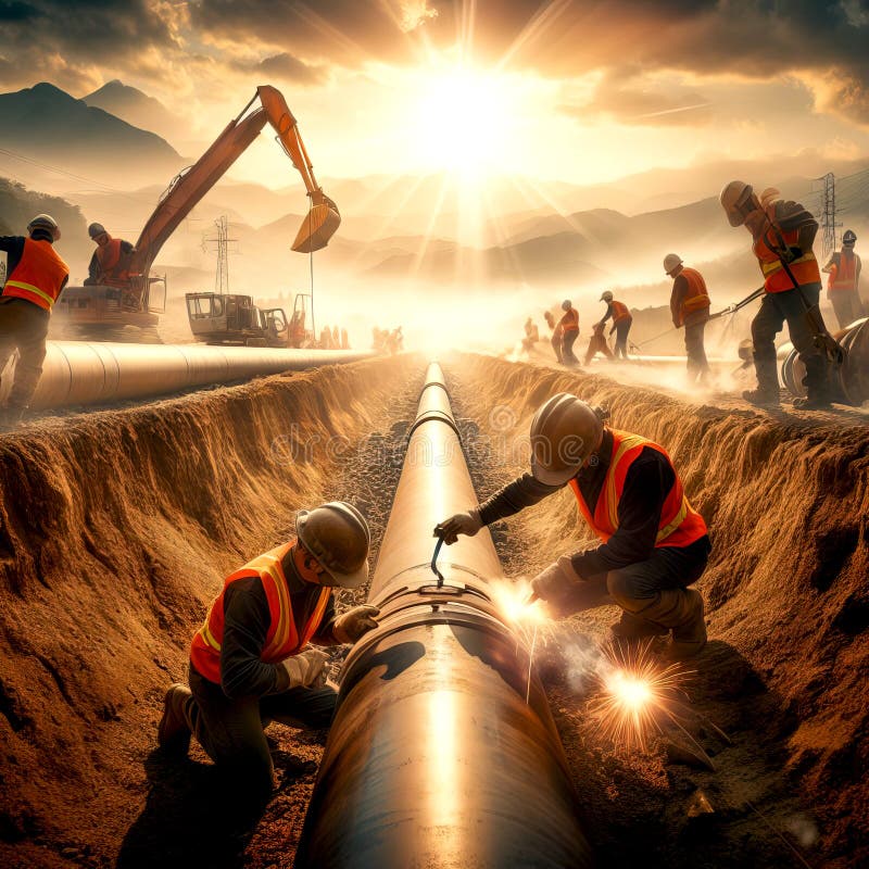 Pipeline Construction, Workers are Installing and Assembling the Pipeline, Construction Machines ...