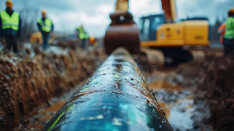 Pipeline Construction Workers at Muddy Worksite Stock Image - Image of ...