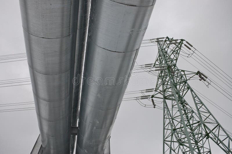 Pipeline and Power Line on a Gray Sky Background Stock Image - Image of ...