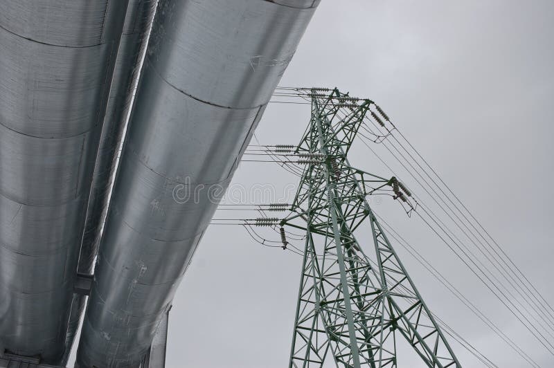 Pipeline and Power Line on a Gray Sky Background Stock Image - Image of ...