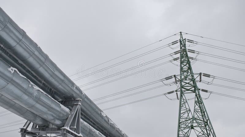 Pipeline and Power Line on a Gray Sky Background Stock Image - Image of ...