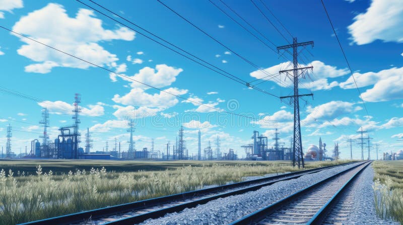 A Pipeline and Power Lines Set Against the Vivid Blue Sky, Emphasizes ...