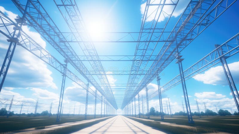 A Pipeline and Power Lines Set Against the Vivid Blue Sky, Emphasizes ...