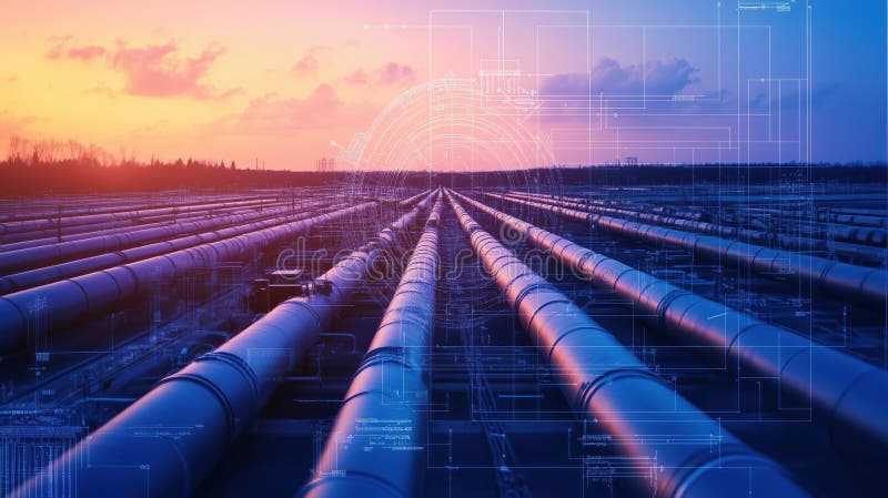 Pipelines at Sunset with Digital Overlay and Technology Elements Stock ...