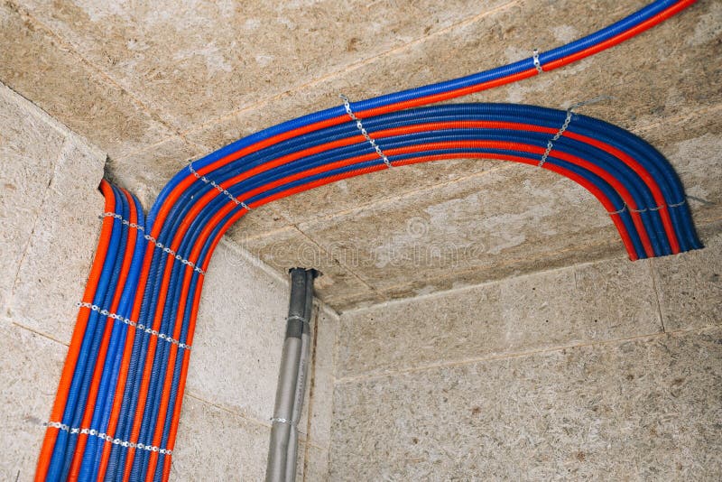 Pipelines of Underfloor Heating System in Boiler Room Stock Image ...