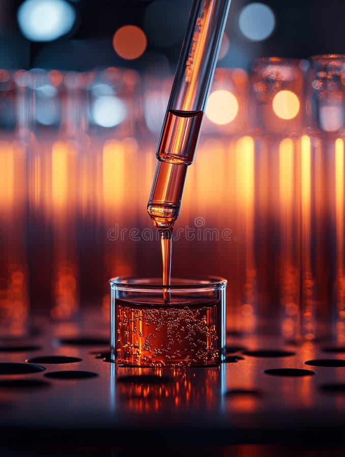 Pipette Dispensing Liquid into a Beaker with Lab Glassware in the ...
