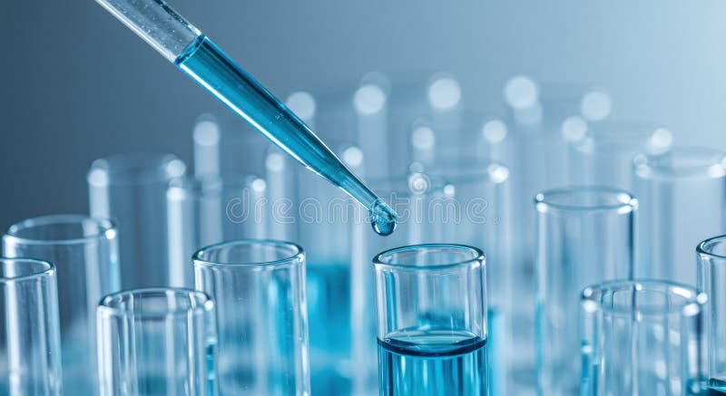 Pipette Dropping Blue Liquid into Test Tubes for Laboratory Research ...