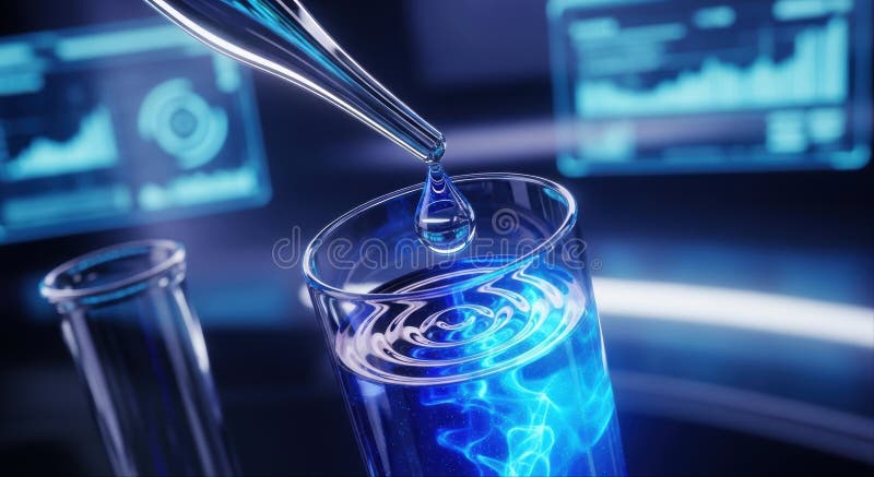 Pipette Dropping Glowing Blue Liquid into a Beaker in a Futuristic ...