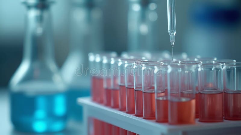 Pipette Dropping Liquid into Test Tubes with Red Solution. Laboratory ...