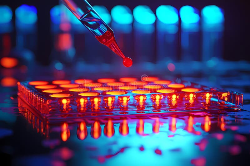 Pipette Dropping Red Liquid into Microplate for Scientific Experiment ...