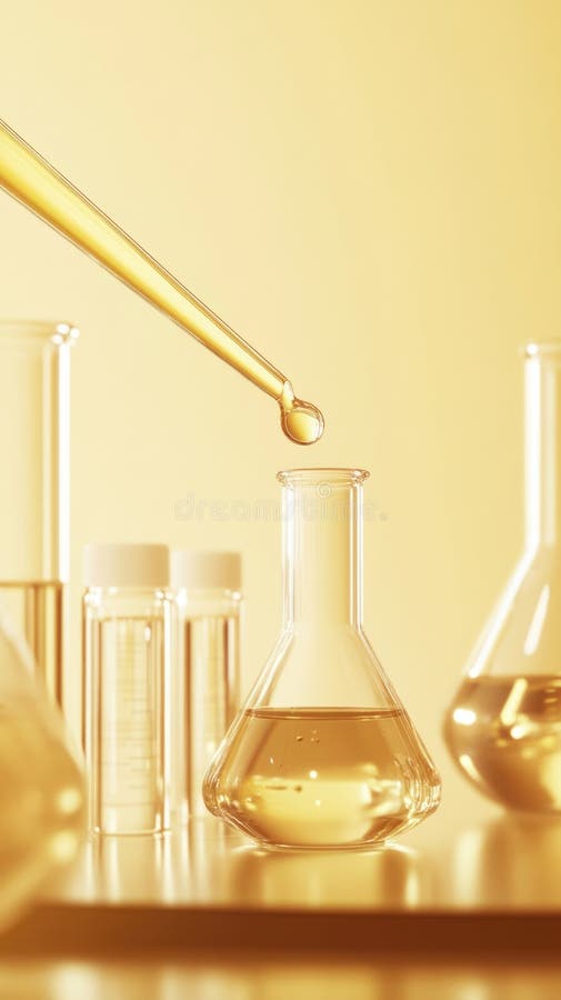 Pipette Pouring Golden Liquid into Erlenmeyer Flask in Laboratory ...
