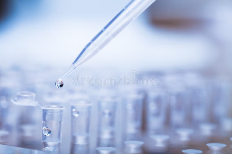 Pipette Tip with Droplet Over Rack of Test Tubes Stock Photo - Image of ...