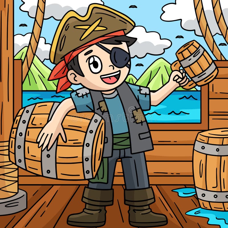 Pirate with a Barrel of Rum Colored Cartoon Stock Vector - Illustration ...