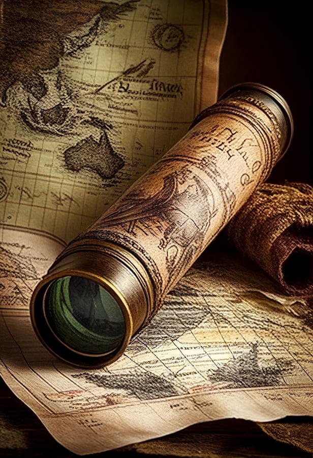 Pirate Binoculars Lie on Old Maps. AI Generated Stock Illustration - Illustration of voyage ...