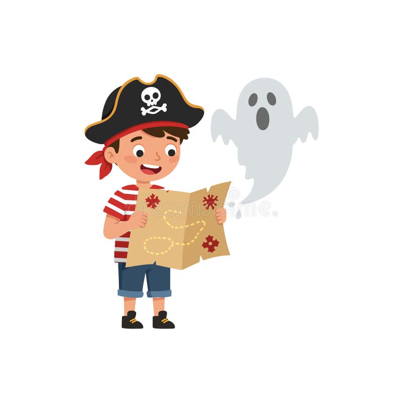 Pirate Boy Discovering Treasure Map with Ghost in Flat Vector Art Stock ...