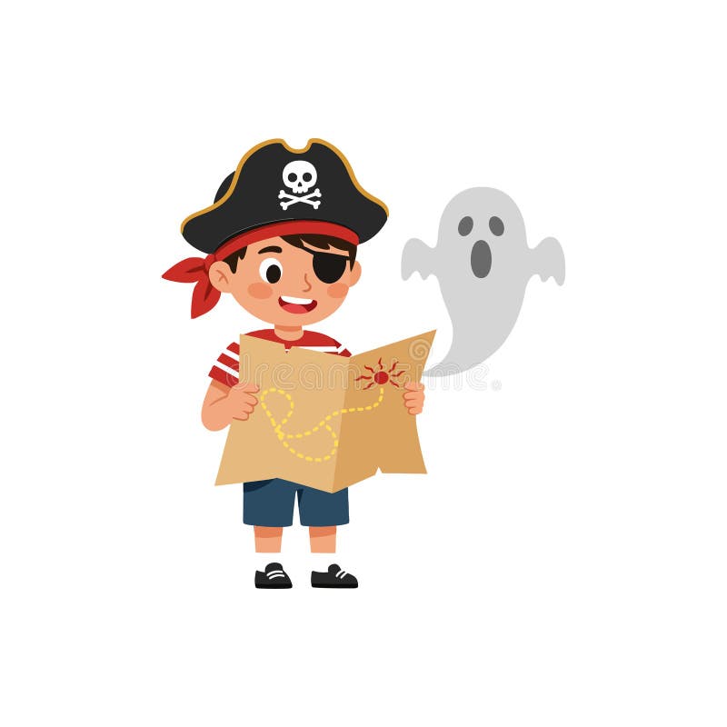 Pirate Boy Holding Treasure Map with Friendly Ghost in Flat Vector Art ...