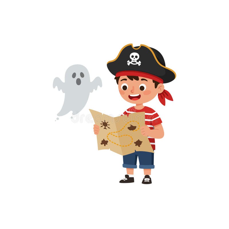 Pirate Boy with Treasure Map and Ghost in Flat Vector Art Stock Vector ...