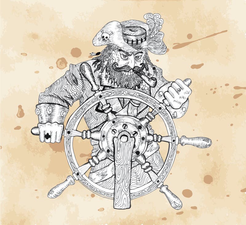 Pirate Captain Behind Wheel on Paper Background Stock Vector ...