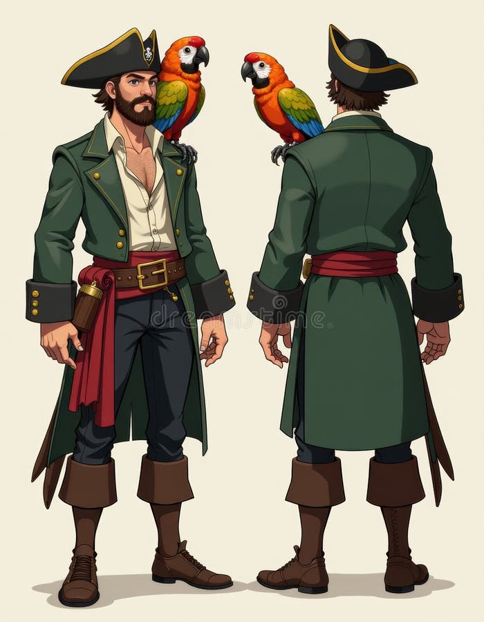 Pirate Captain with Macaws - Front and Back View Stock Illustration ...