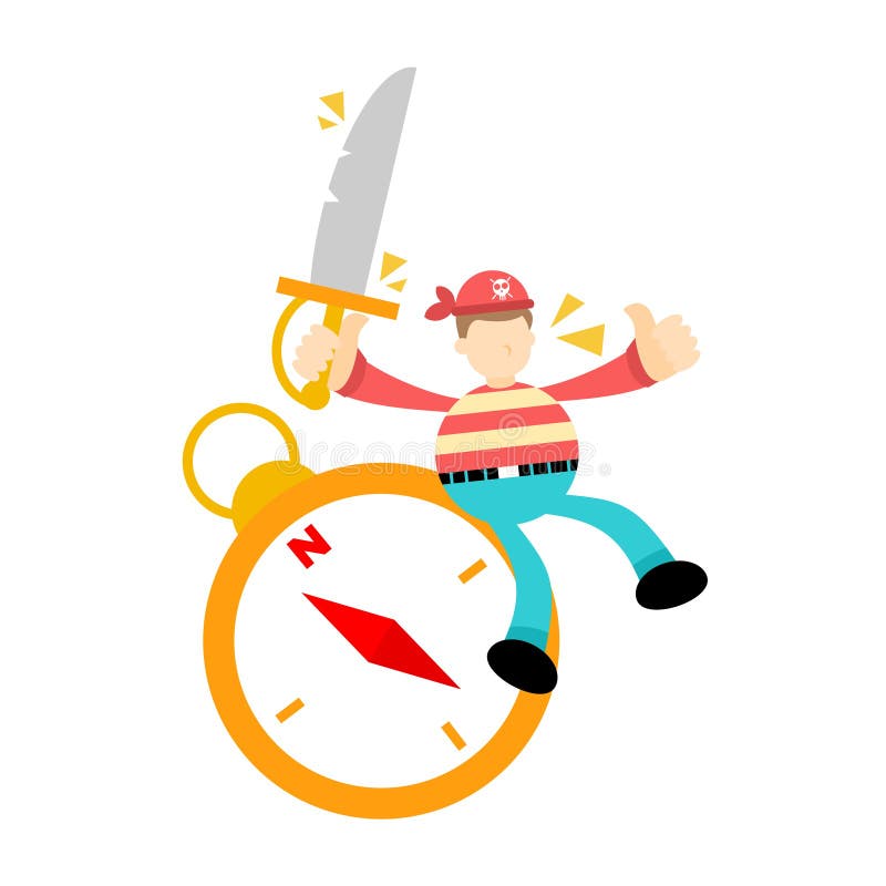 Pirate and Gold Compass Exploration Cartoon Doodle Flat Design Style ...
