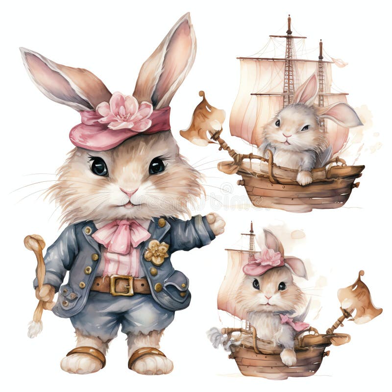 Pirate Cute Bunny Blue Cute Bunny Watercolor Stock Illustration ...