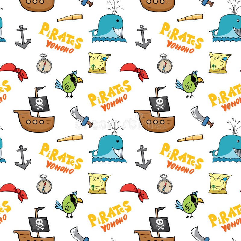 Pirate Doodles Seamless Pattern. Cute Pirate Items Sketch Stock Vector ...