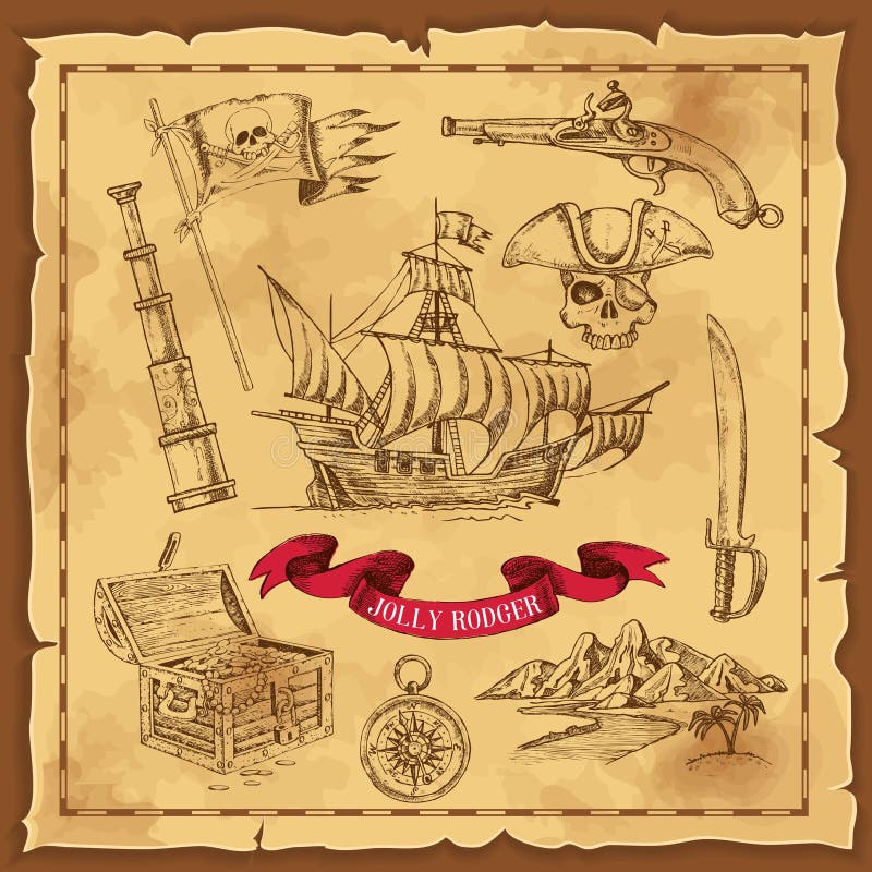Pirate map elements stock vector. Illustration of hills - 91509706