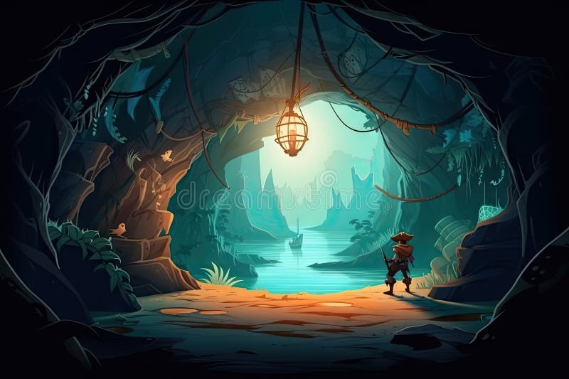 Pirate Exploring Hidden Cavern, with View of Glowing Underwater Cave ...